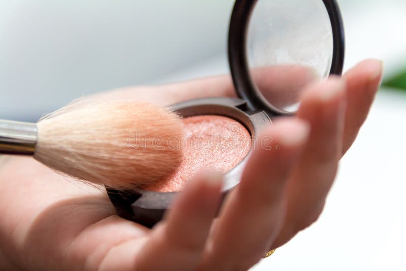 Close Up of Woman Hands Holding Makeup Brush and Blush Box Stock Image ...