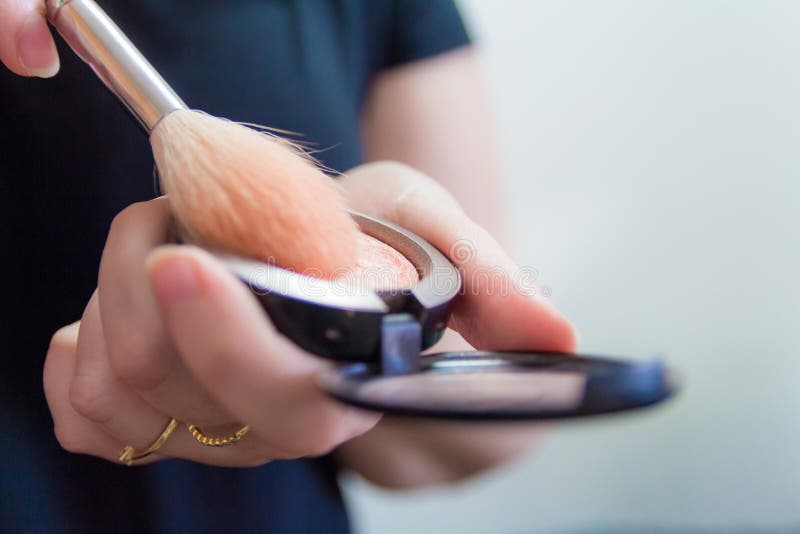 Close Up of Woman Hands Holding Makeup Brush and Blush Box Stock Image ...