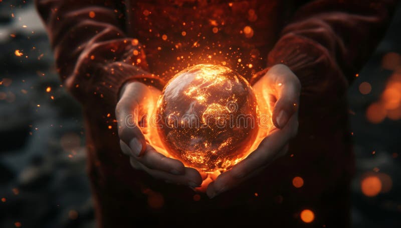 Close Up of Woman Hands Holding Planet Earth in Fire Stock Illustration ...