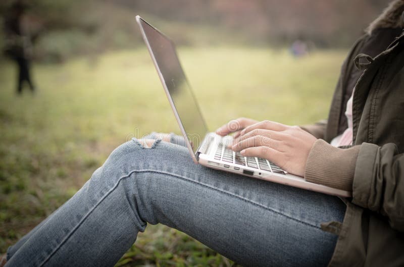 Woman Hands Using Laptop in the Park Stock Photo - Image of laptop ...