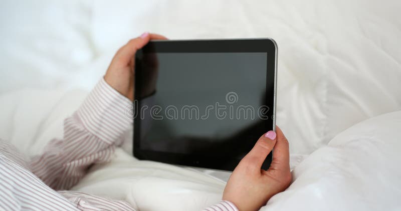 Woman Holding Tablet Device with Locked Screen, Turned Off Gadget Stock ...