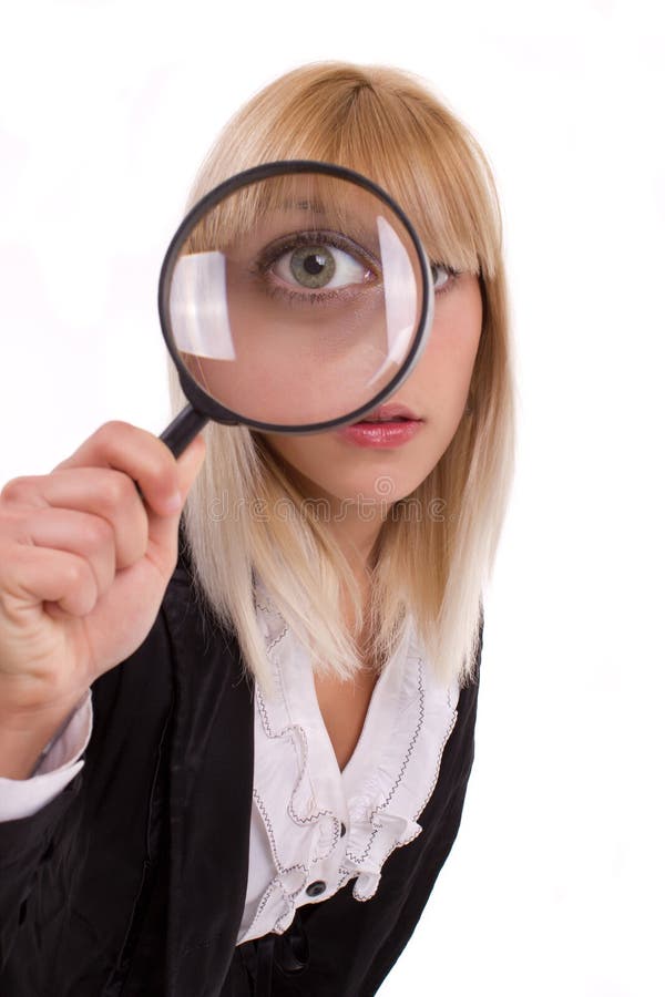 Close-up Woman Looking through Magnifying Glass Stock Photo - Image of ...