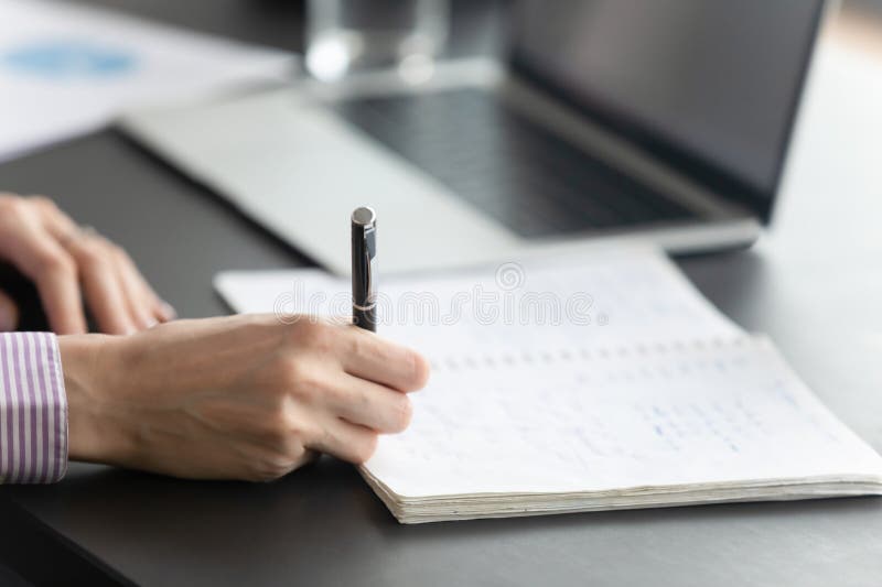Close Up of Woman Make Notes in Notebook Stock Image - Image of note ...