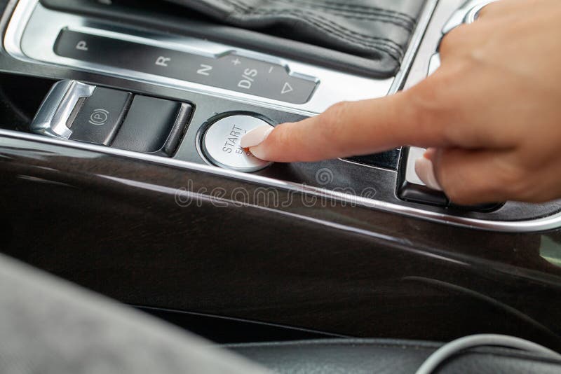 Close Up of Woman Pressing Button Start Engine Car Stock Image - Image ...
