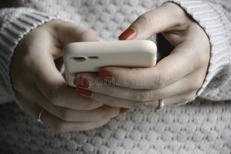 Close Up Woman with Red Nails Using Her Phone Stock Image - Image of ...
