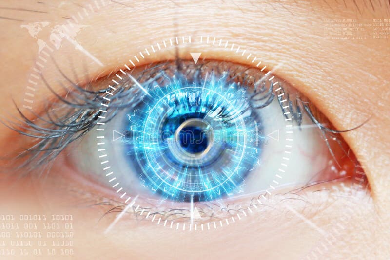 Close-up of Woman S Blue Eye. High Technologies in the Futuristic ...