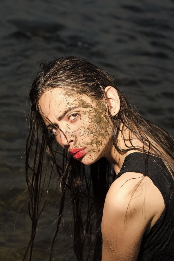 A Close Up of a Woman`s Face in Mud Stock Photo - Image of fitness ...