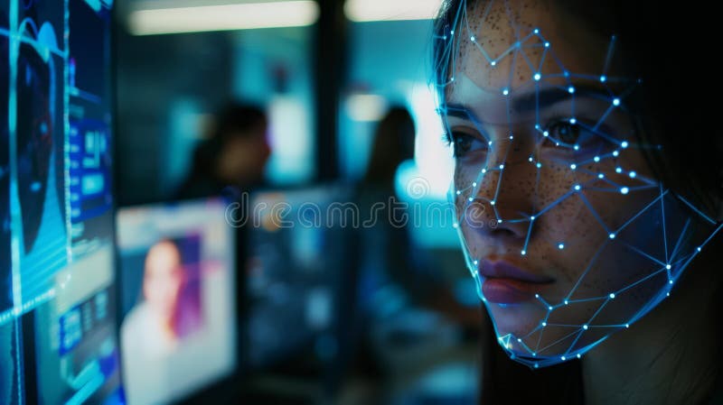 Close-up of a Woman S Face with Digital Patterns for Face Recognition. Represents Biometric ...