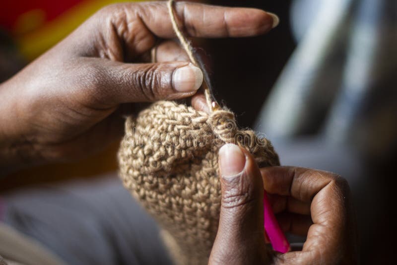 Close Up of a Woman`s Hand Crocheting Stock Photo - Image of black ...