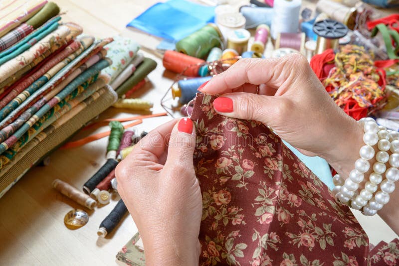 Close Up of Woman S Hand Sewing Patchwork Stock Photo - Image of sewing ...