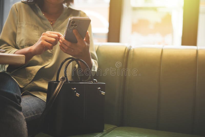 Close-up of Woman S Hand Using a Smartphone during Coffee Break Stock ...