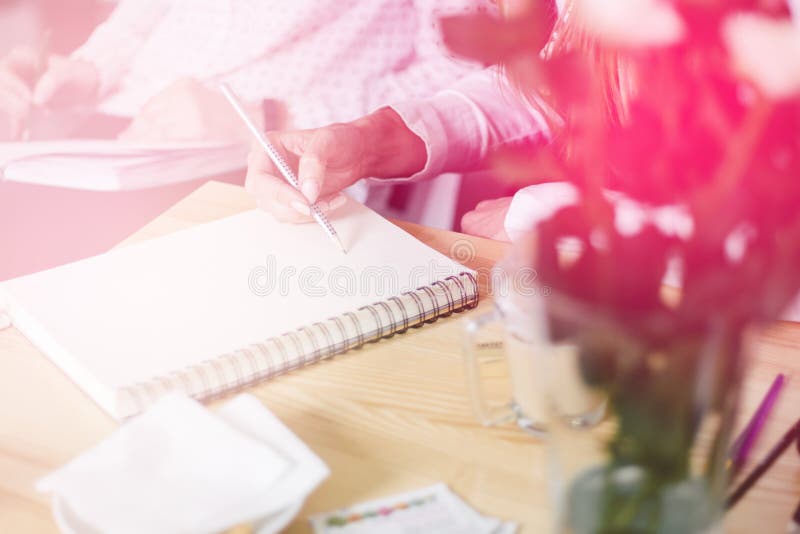 Close Up of Woman`s Hand Writing in Organizer, Light Toning Stock Photo ...