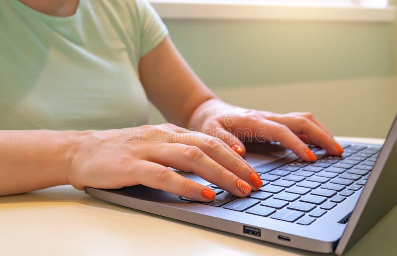 Close-up of Woman`s Hands Typing on Laptop. Stock Photo - Image of ...