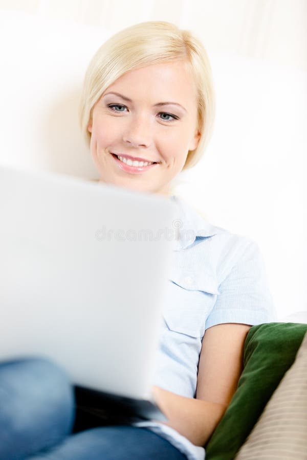 Close Up of Woman Sitting with Silver Computer Stock Photo - Image of ...