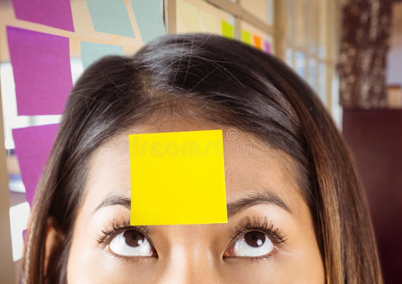 Close-up of Woman with Sticky Note on Her Forehead Stock Image - Image ...