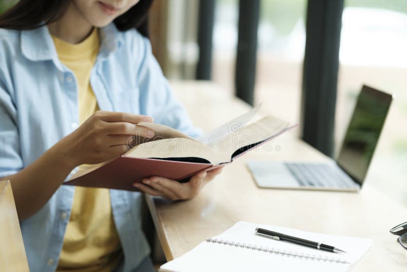 Close Up of Woman Studying and Reading Book. Stock Photo - Image of ...