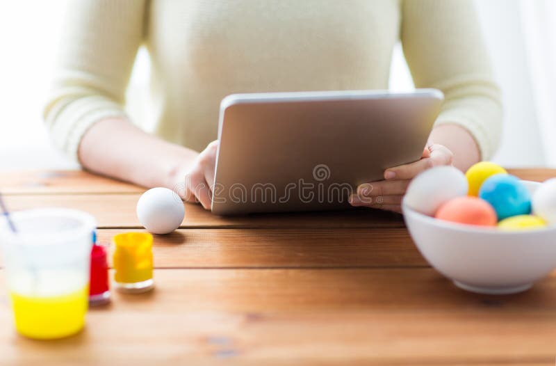 Close Up of Woman with Tablet Pc and Easter Eggs Stock Image - Image of ...