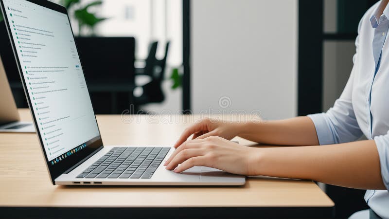 Close-up of Woman Typing on Laptop in Modern Office Environment Stock ...