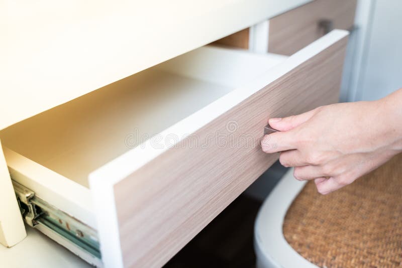Use Hand Pull Open Drawer Wooden Stock Image - Image of laminate ...