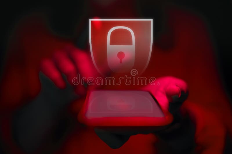 Close Up of Woman Using Mobile Phone with Red Security Padlock Overlay ...