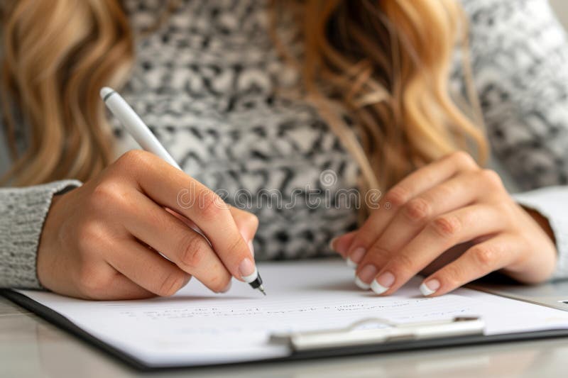 Close Up of a Woman Writing on Paper, Fully Engrossed in Work and Study ...