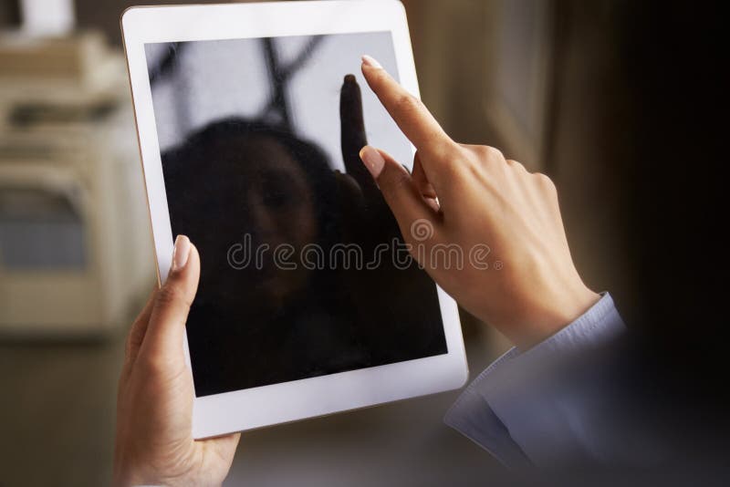 Close Up of Womans Hands Using Tablet Touchscreen Stock Image - Image ...