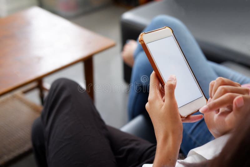 Close-up Women Use Smart Phone White Screen on Sofa in Hre Home Stock ...