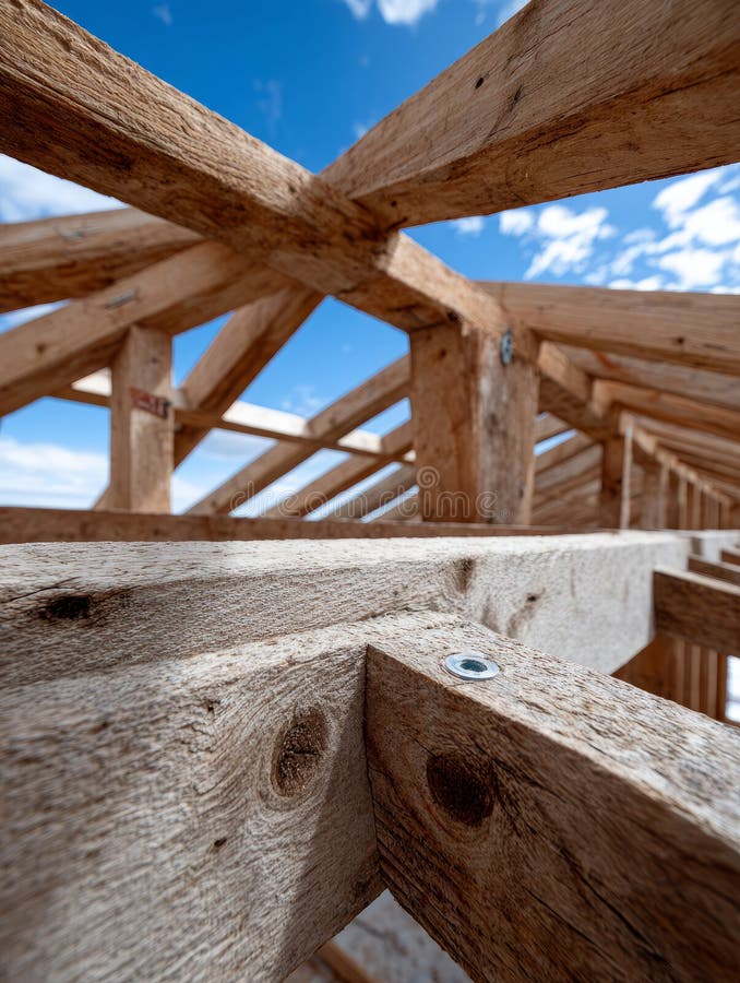Close-up of Wood Construction Beams Under a Clear Blue Sky. Stock Photo - Image of exterior ...