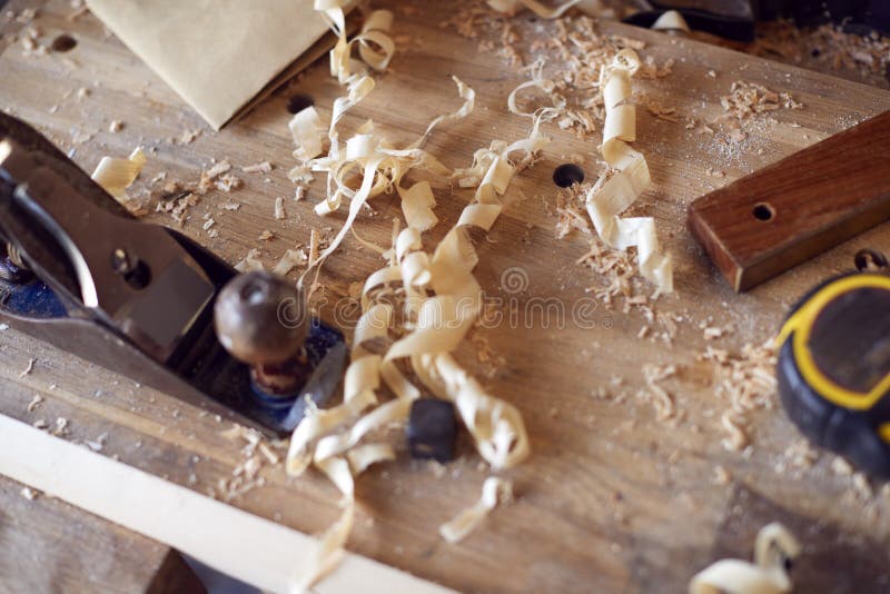 Close Up of Wood Shavings and Carpentry Tools on Workbench Stock Image ...