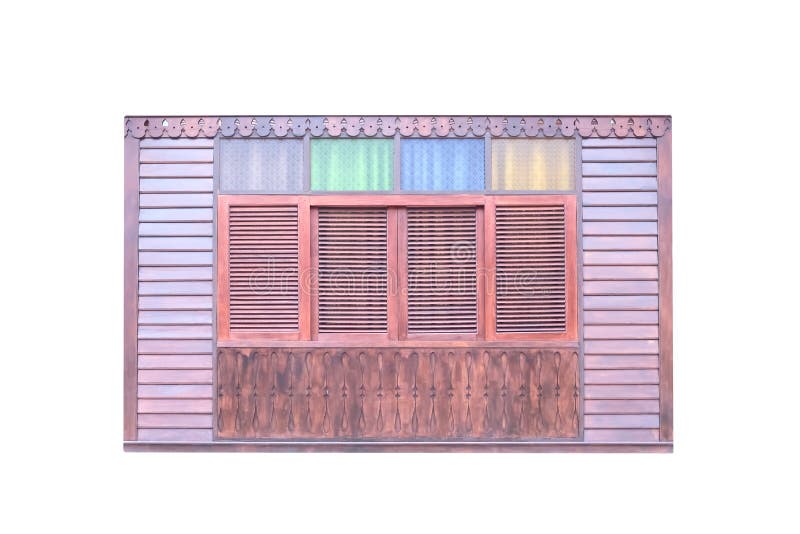 Wood Window Frame Struture with Colorful Glass Patterns and Plank Wall ...