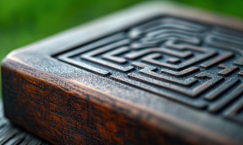 Intricate Labyrinth Pattern Carved into the Surface of a Vintage Wooden ...