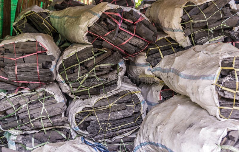 Wooden Charcoal Production Site with Full Sacks of Charcoal Stock Photo ...