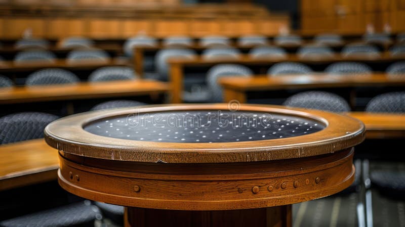 Close-up of a Wooden Lectern with a Microphone in a Lecture Hall Stock ...