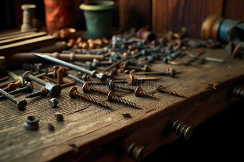 Close-up of Wooden Planks and Screws on Workbench Stock Photo - Image ...