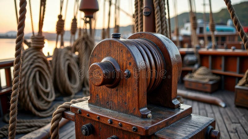 Close-up of Wooden Ship S Winch with Ropes on Deck at Sunset Stock ...