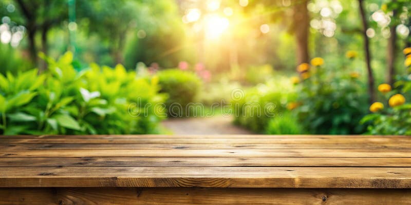 Rustic Charm: Close-Up of Wooden Tabletop with Garden Background ...