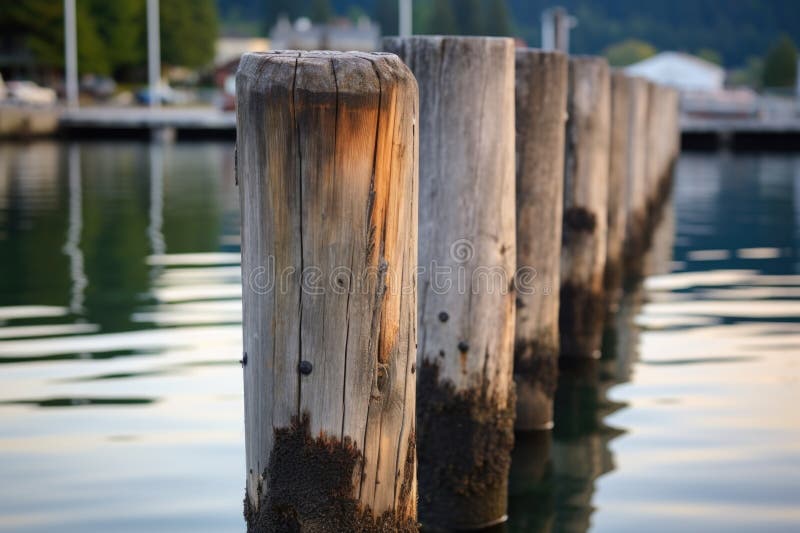 Close-up of Wooden Textures of Dock Posts Against Lake Backdrop Stock ...