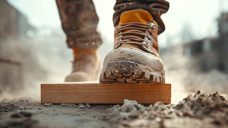 Close-up of Work Boot on a Piece of Lumber at a Construction Site Stock ...