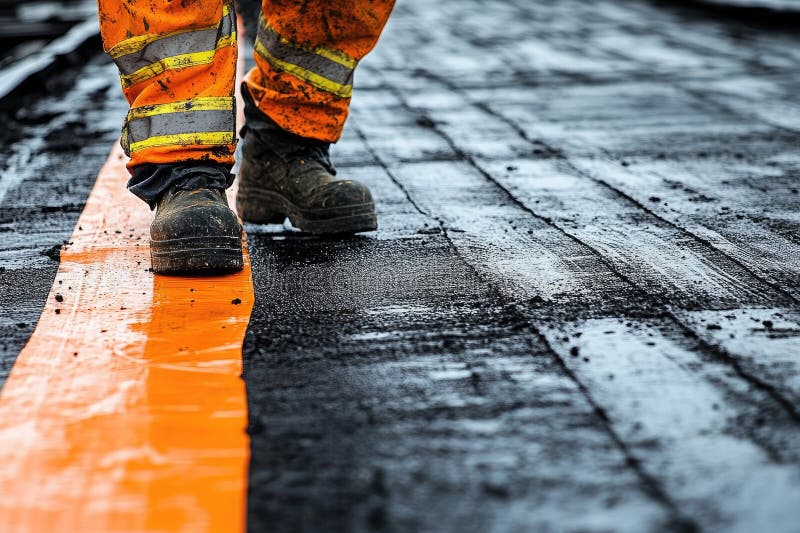 Worker S Feet on Fresh Asphalt, Orange Safety Line Stock Illustration ...