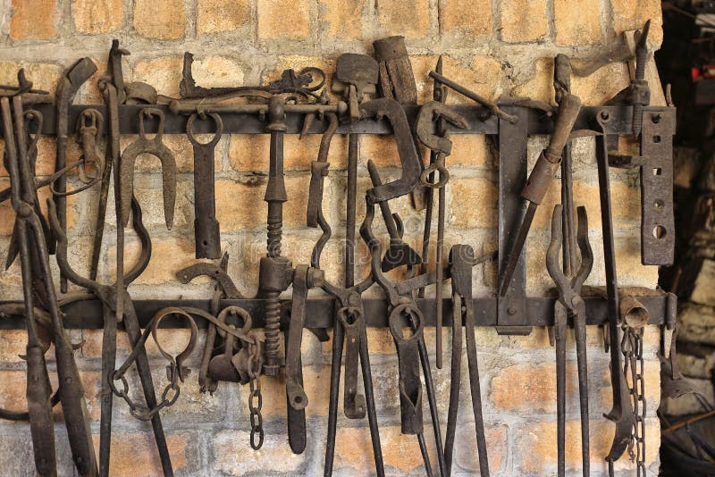 Close-up of Work Tools Hanging at Blacksmith Shop Stock Image - Image ...