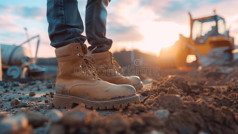 Close-Up of Worker Boots on Construction Site at Sunset. Concept of ...