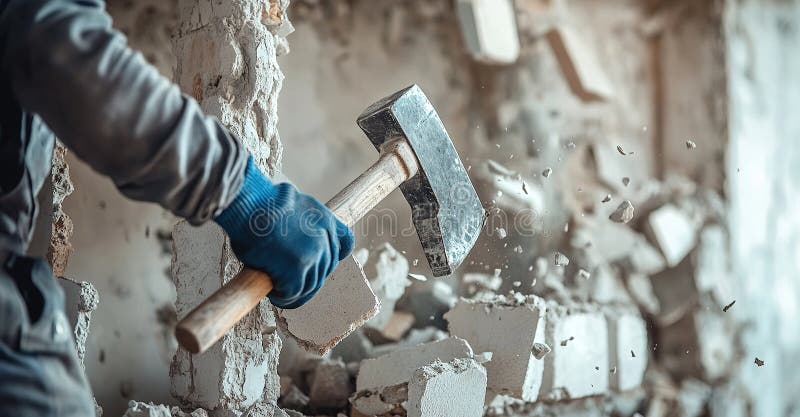 Worker Using Sledgehammer To Demolish Concrete Wall Stock Illustration ...