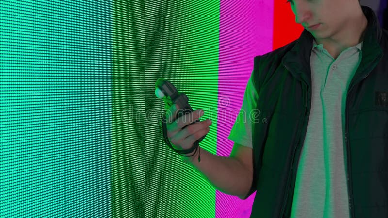 Close Up Worker Checking Broken Led Screen. Technician Man with Lux ...