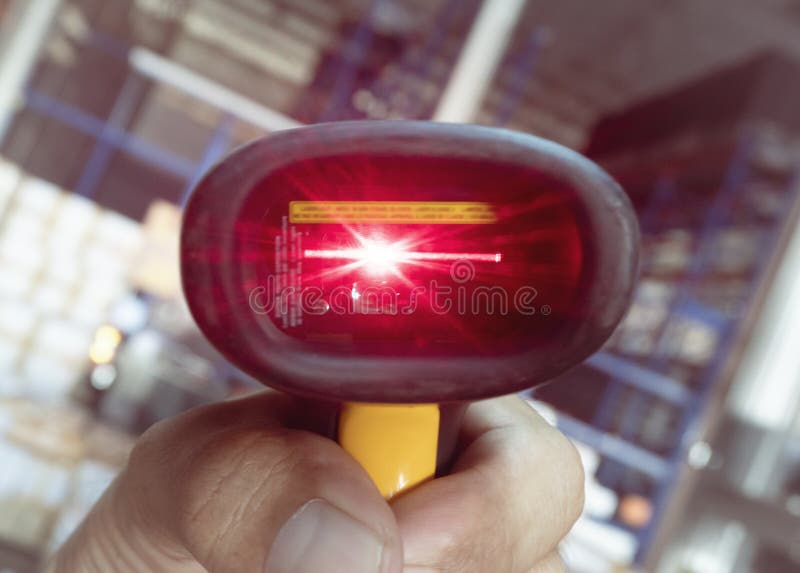 Close Up Worker Hand Holding Barcode Scanner with Scanning Red Laser ...