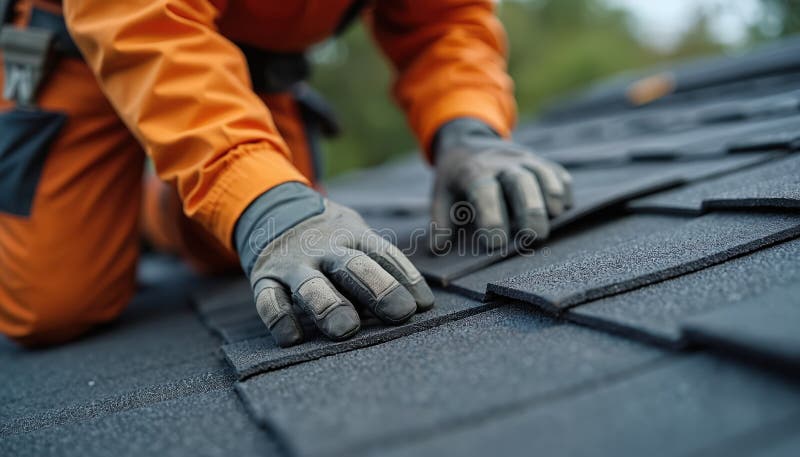 Close-up of Worker Hands in Gloves Laying Shingles on Rooftop. Roofer ...