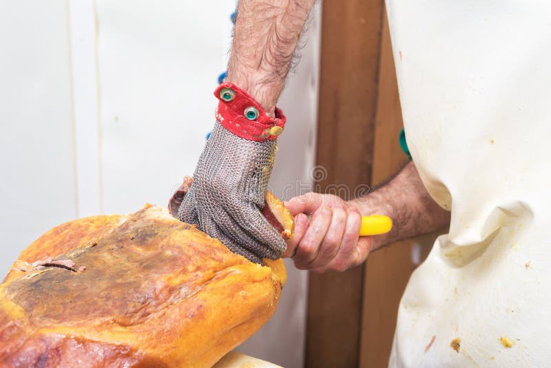Close Up of Worker Hands in the Industrial Process of Cutting Iberian ...