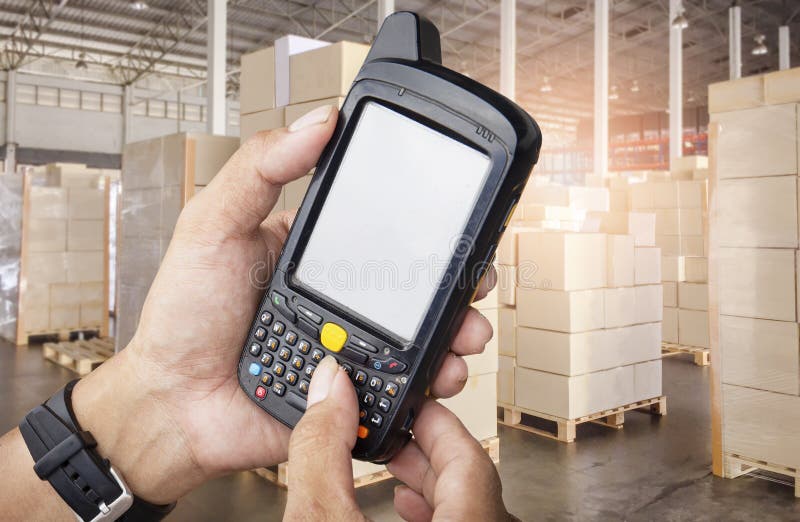 Close-Up, Worker Holding Barcode Scanner with Blank Screen His Checking ...
