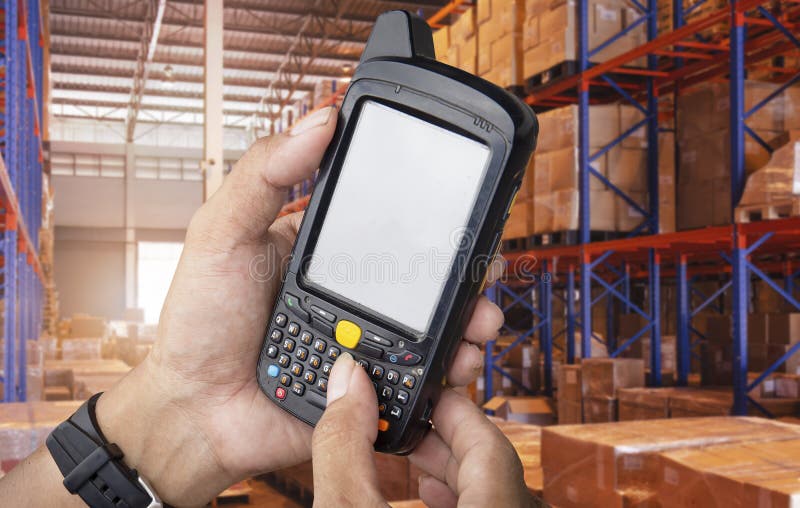 Close-Up, Worker Holding Barcode Scanner with Blank Screen His Checking ...