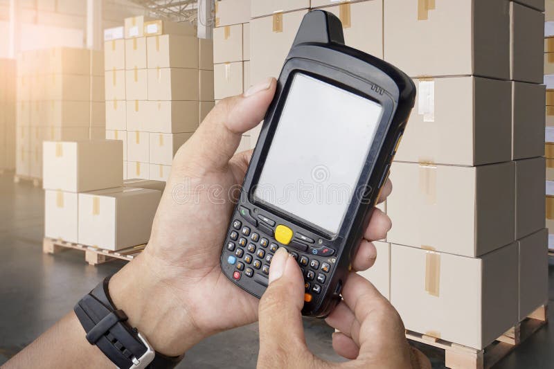Close-up, Worker Holding Barcode Scanner His Checking Shipment Boxes ...