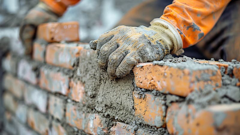 Close Up of Worker Industrial Bricklayer Installing Bricks on ...
